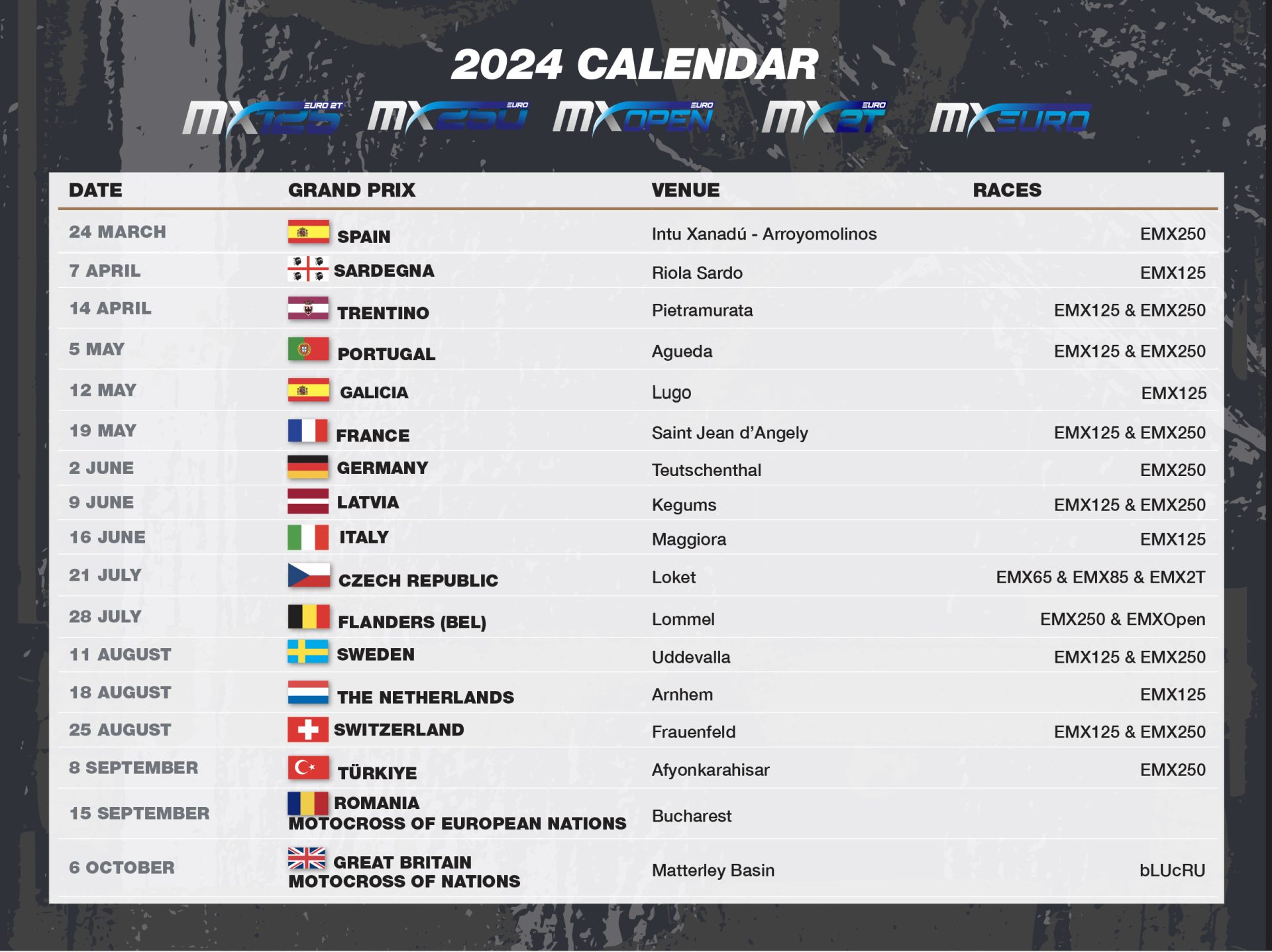 Calendrier Moto Cross 2024
